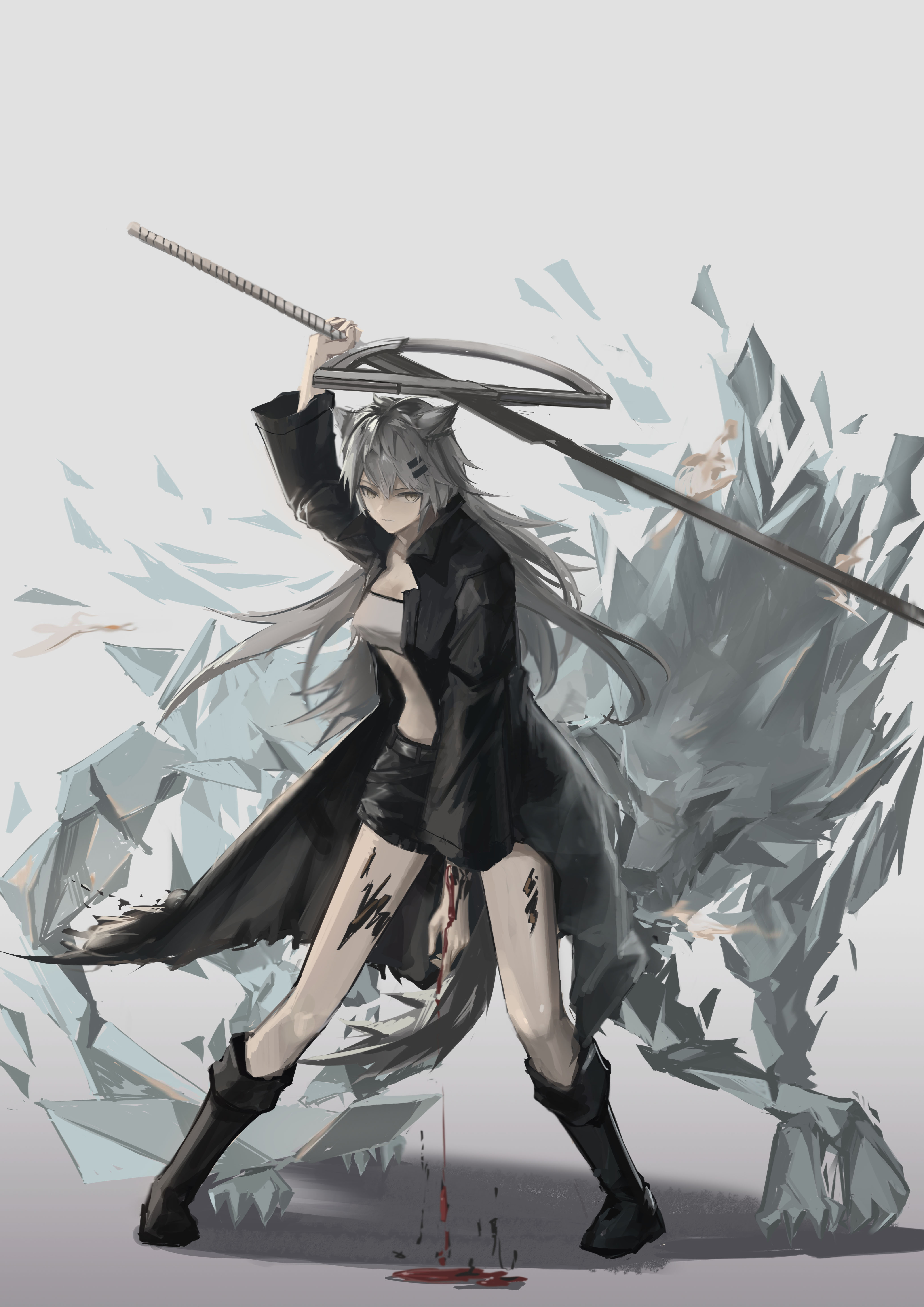 onebon arknights lappland (arknights) animal ears blood cleavage tail ...