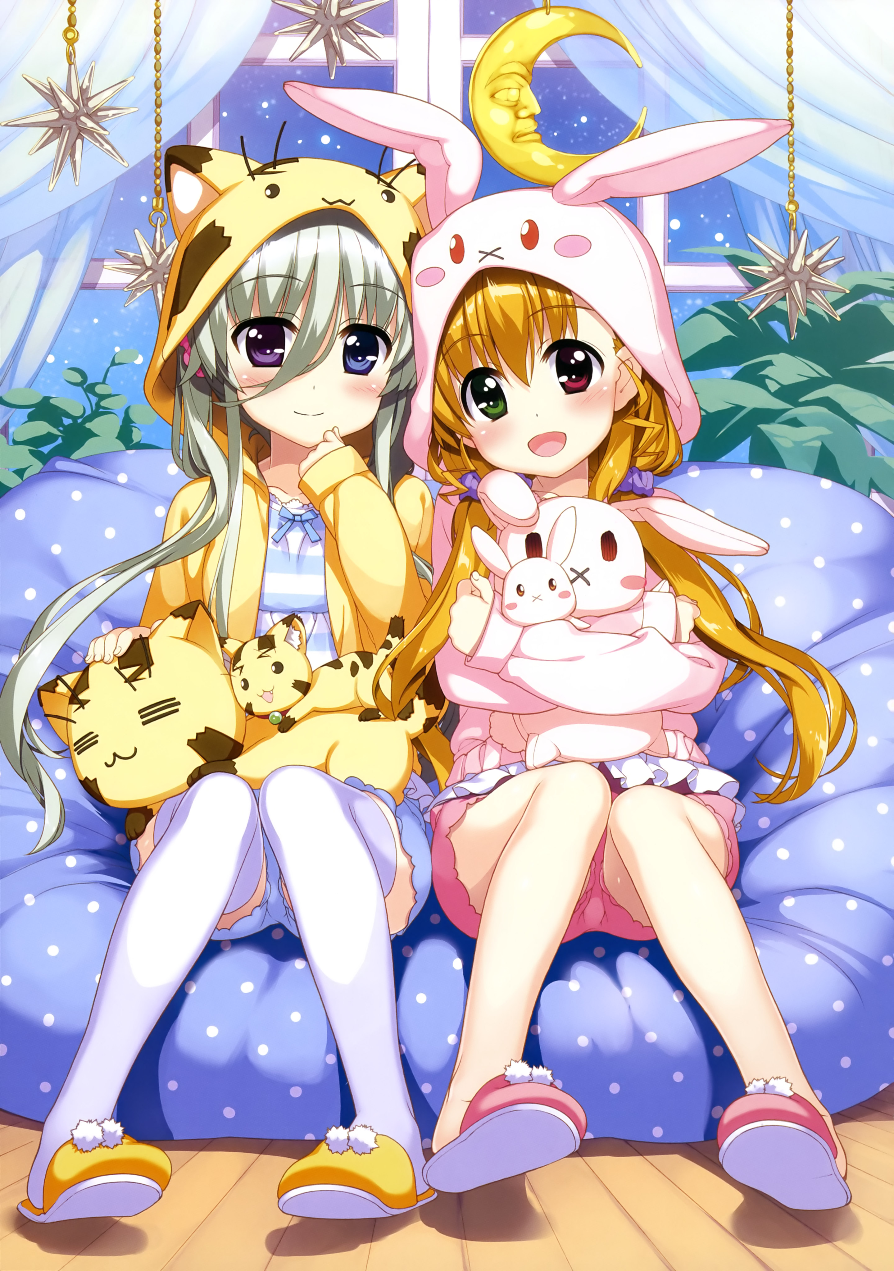 Safebooru - 2girls :d absurdres animal ears animal hood bangs blonde hair blue eyes blue ribbon ...