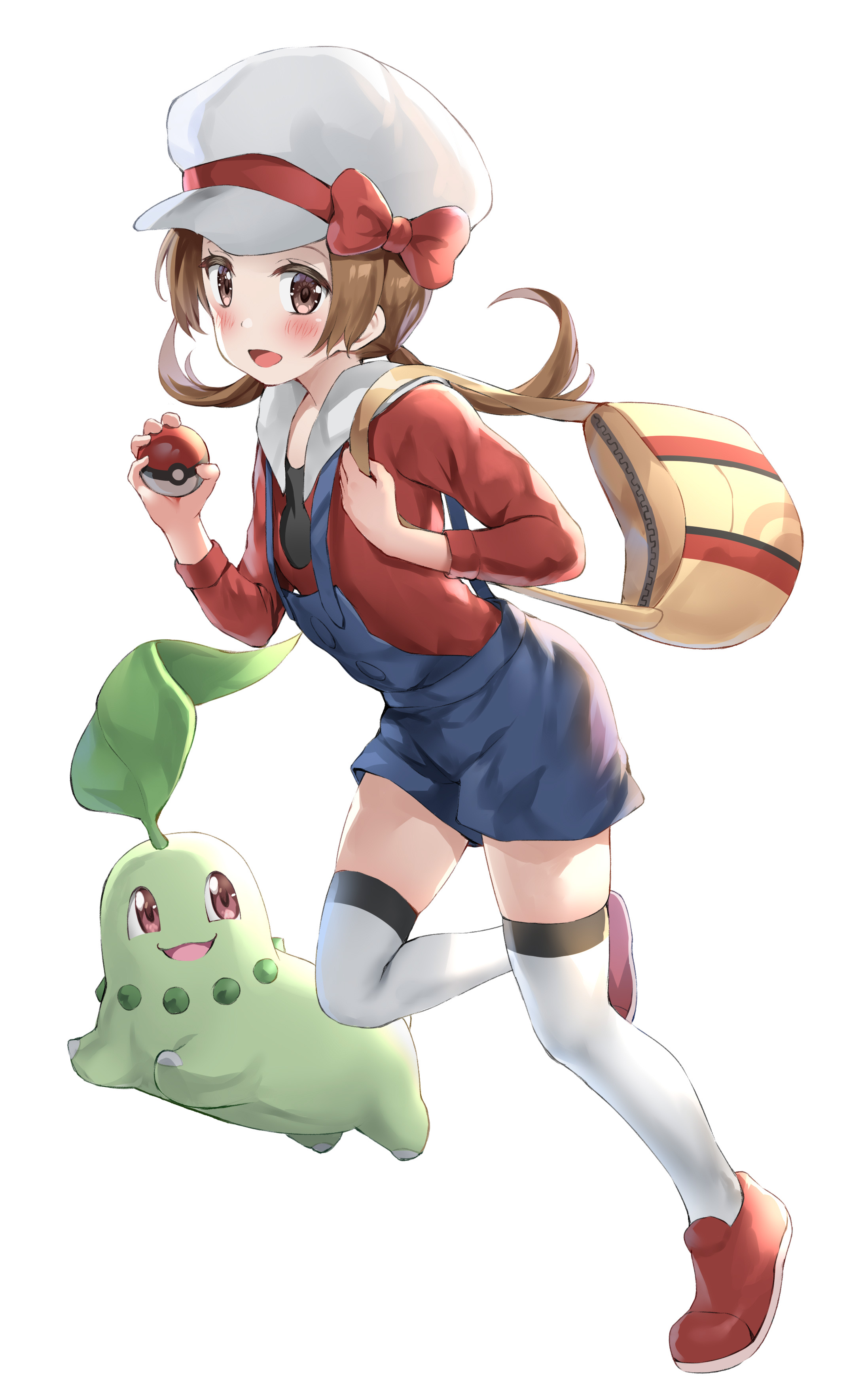 nedia r pokemon chikorita kotone (pokemon) overalls thighhighs ...