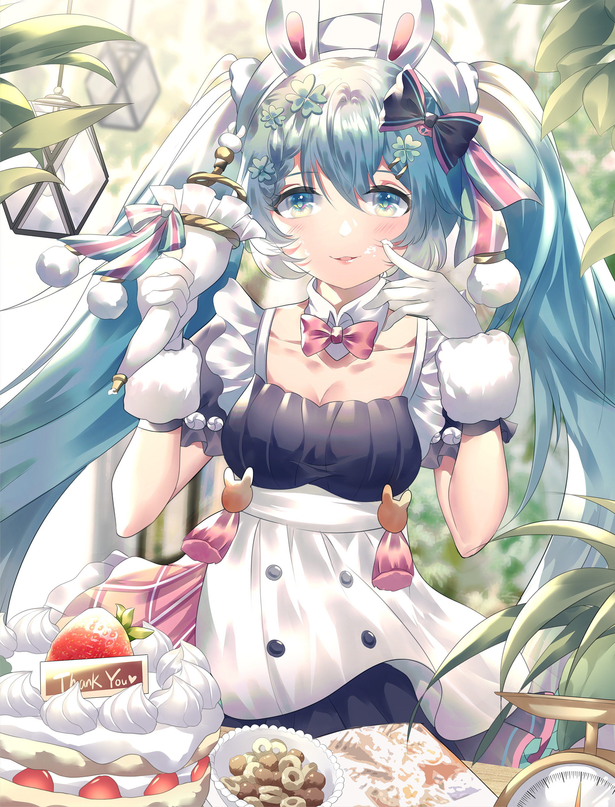 rhea (0u0) vocaloid hatsune miku animal ears bunny ears cleavage cream ...