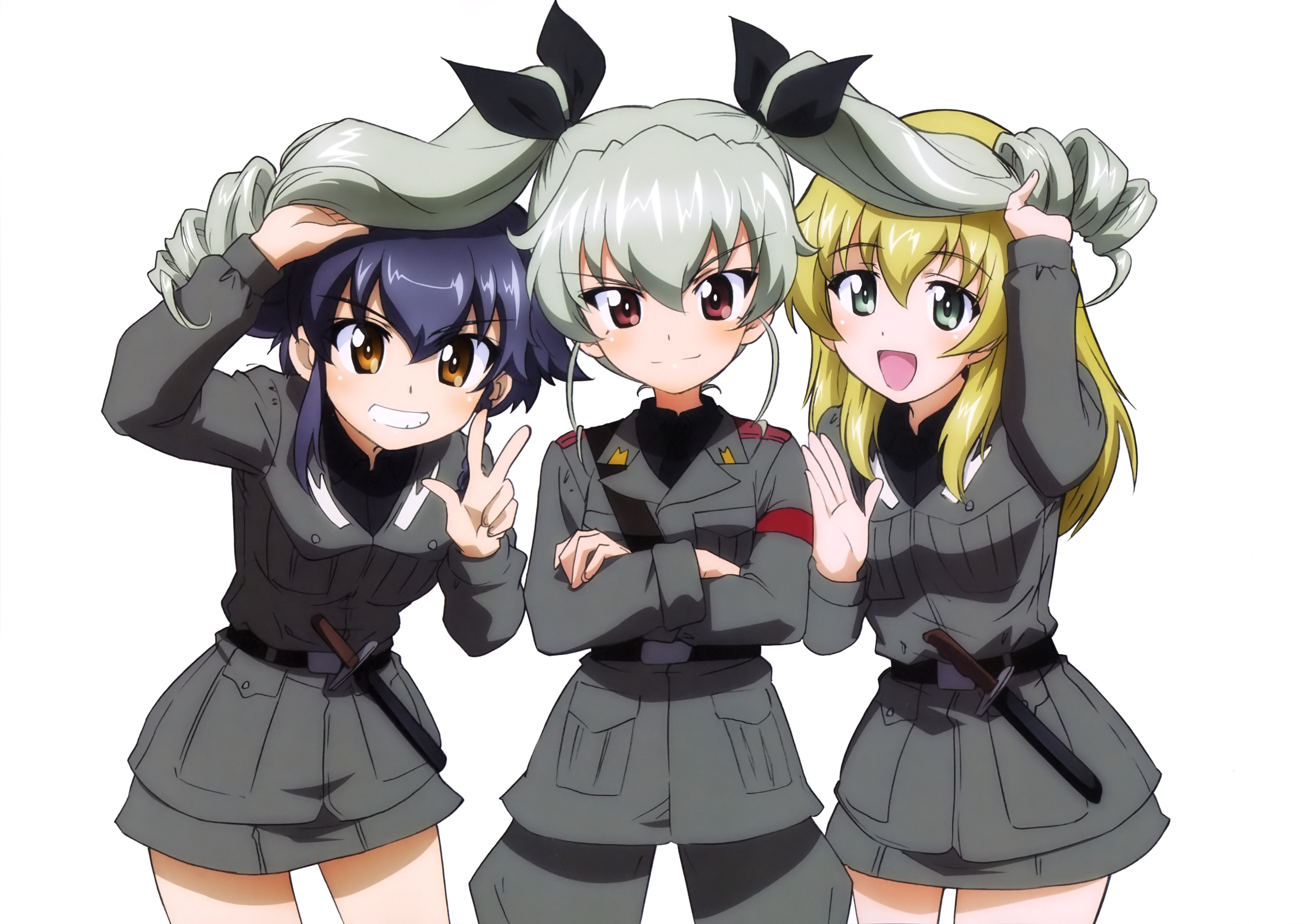Safebooru - 3girls ;d absurdres anchovy anzio military uniform armband belt black bow black ...