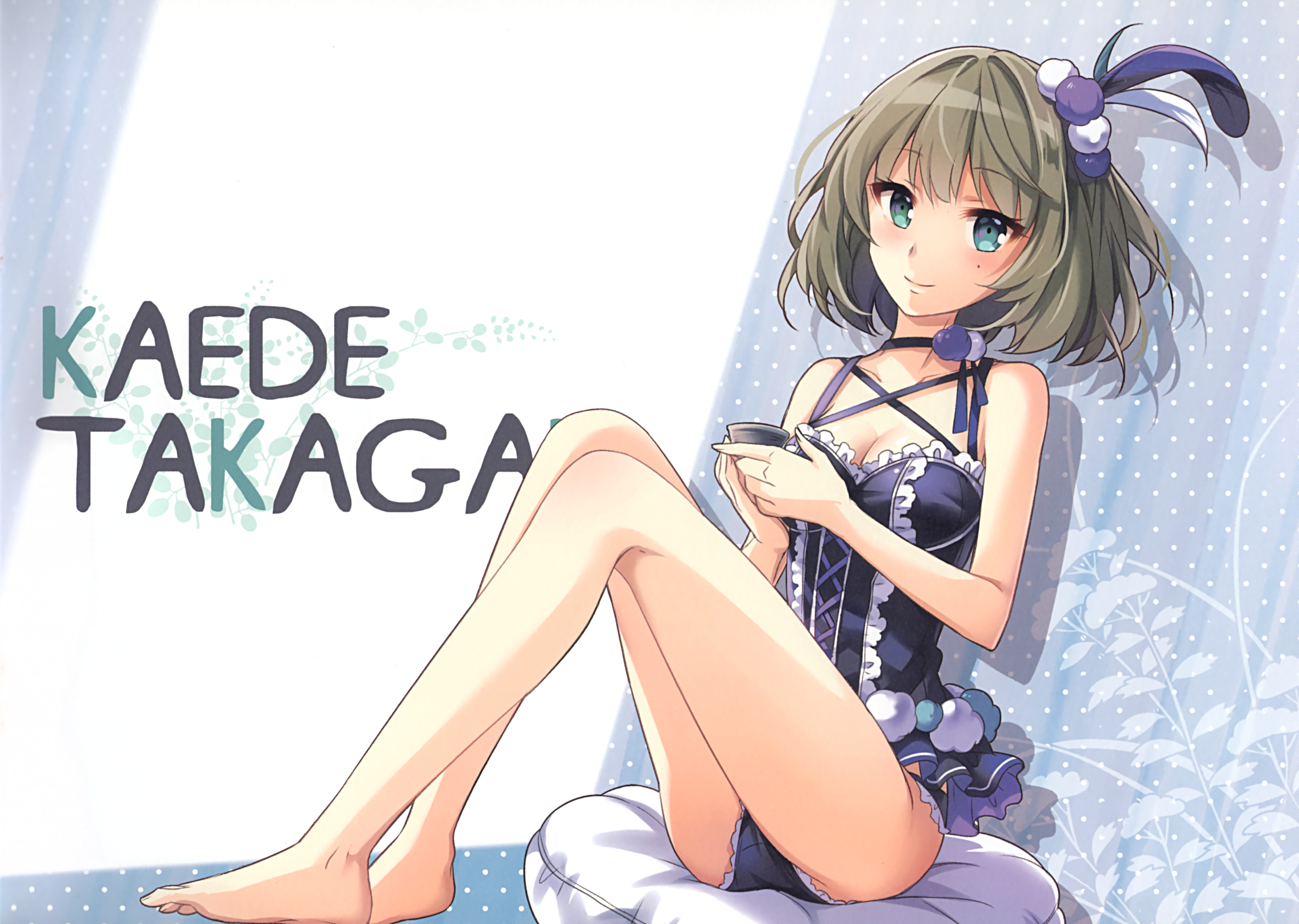 Safebooru - 1girl absurdres barefoot black panties black ribbon blue eyes blue feathers breasts ...