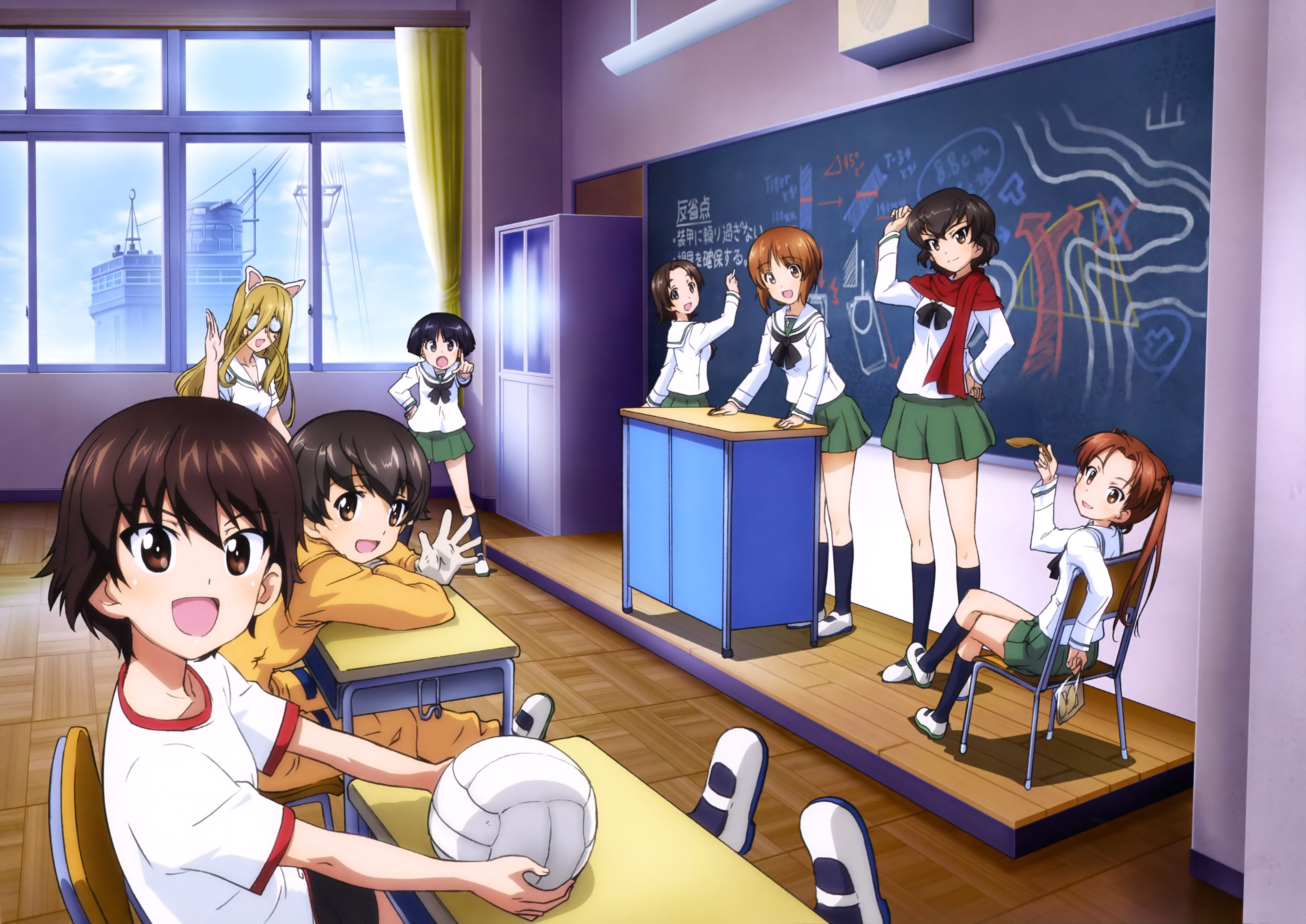 Safebooru - 6+girls :d absurdres animal ears arm up ball black hair black neckwear blonde hair ...