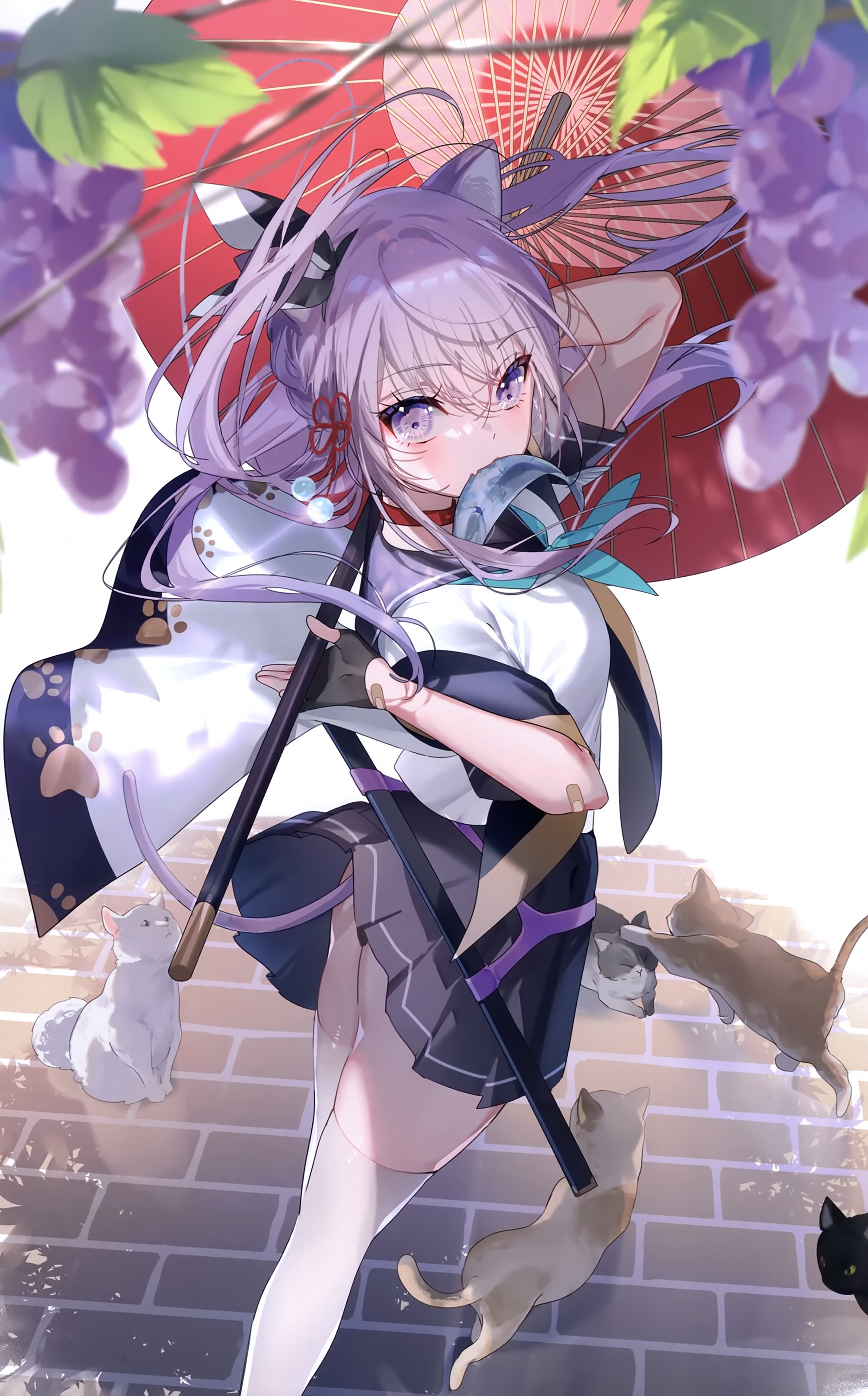 sanshoku nattou meshi miwano rag animal ears neko nekomimi seifuku ...